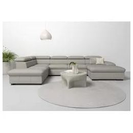 Wohnlandschaft Home Affaire "Alberto U-Form" Sofas Gr. B/H/T: 350cm x 73cm x 228cm, NaturLEDER, Recamiere rechts, ohne Bettfunktion, grau (hellgrau) mit Kopfteilverstellung, wahlweise Bettfunktion