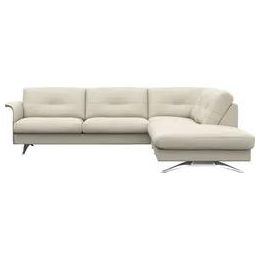 Ecksofa FLEXLUX "Glow, super bequem durch hochwertigem Sitzaufbau mit Federkern, L-Form" Sofas Gr. B/H/T: 268cm x 81cm x 224cm, Echtleder, Ottomane links, Armlehnen in geölter Eiche, weiß (warm white) Skandinavisches Design, In hochwertiger Verarbeitung