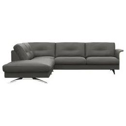 Ecksofa FLEXLUX "Glow, super bequem durch hochwertigem Sitzaufbau mit Federkern, L-Form" Sofas Gr. B/H/T: 268cm x 81cm x 224cm, Echtleder, Ottomane rechts, Armlehnen in geölter Eiche, grau (warm mineral grey) Skandinavisches Design, In hochwertiger Verarbeitung