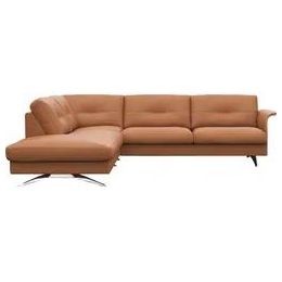 Ecksofa FLEXLUX "Glow, super bequem durch hochwertigem Sitzaufbau mit Federkern, L-Form" Sofas Gr. B/H/T: 268cm x 81cm x 224cm, Echtleder, Ottomane rechts, Armlehnen in geölter Eiche, braun (modern cognac brown) Skandinavisches Design, In hochwertiger Verarbeitung