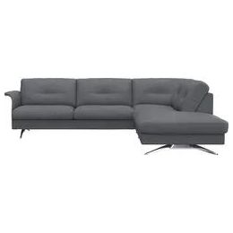 Ecksofa FLEXLUX "Glow, super bequem durch hochwertigem Sitzaufbau mit Federkern, L-Form" Sofas Gr. B/H/T: 268cm x 81cm x 224cm, Bouclé, Ottomane links, Armlehnen in geölter Eiche, blau (navy blau) Skandinavisches Design, In hochwertiger Verarbeitung