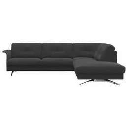 Ecksofa FLEXLUX "Glow, super bequem durch hochwertigem Sitzaufbau mit Federkern, L-Form" Sofas Gr. B/H/T: 268cm x 81cm x 224cm, Lederoptik, Ottomane links, Armlehnen in geölter Eiche, schwarz (gorilla black) Skandinavisches Design, In hochwertiger Verarbeitung