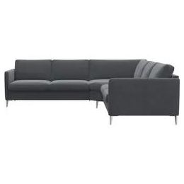 Ecksofa FLEXLUX "Fiore, gleichschenklig, bequem durch hochwertigem Sitzaufbau" Sofas Gr. B/H/T: 249cm x 85cm x 92cm, Velvet, Schenkel links, grau (soft grey) schmale Armlehnen, super Sitzkomfort durch Kaltschaum, Füße Alu