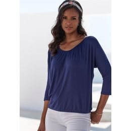Lascana 3/4-Arm-Shirt 'mit zarter Raffung am Ausschnitt' blau Gr. 48/50 f&uuml;r Damen. Mit V-Ausschnitt. Figurumspielend. Nachhaltig.