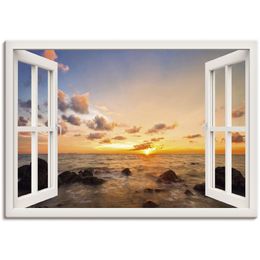 Wandbild Artland "Fensterblick Sonnenuntergang am Meer" Bilder Gr. B/H: 100cm x 70cm, Leinwandbild Fensterblick,, weiß als Alubild, Outdoorbild, Leinwandbild, Wandaufkleber, versch. Größen