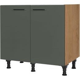 Spülenschrank Nobilia ""Easytouch", vormontiert, mit höhenverstellbaren Sockelfüßen" Schränke Gr. B/H/T: 90cm x 87cm x 58,3cm, 2 St., grün (front: lacklaminat mineralgrün ultramatt, korpus: eiche sierra nachbildung) Breite 90 cm