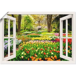 Wandbild Artland "Fensterblick Tulpen Garten Frühling" Bilder Gr. B/H: 130cm x 90cm, Poster Fensterblick Querformat,, bunt als Alubild, Outdoorbild, Leinwandbild, Poster, Wandaufkleber