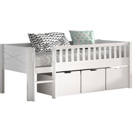 Spielbett Vipack "Scott mit niedriger Einstiegshöhe, inkl. Leiter und Rolllattenrost", weiß (weiß, weiß, weiß), B:104,7cm H:83cm L:208cm, Betten, in Kiefer massiv, weiß 90x200 cm, wahlweise ohne und mit Rollboxen