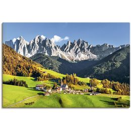 Wandbild Artland "Alpen Berge Santa Maddalena" Bilder Gr. B/H: 120cm x 80cm, Leinwandbild Berge & Alpenbilder Querformat,, grün als Alubild, Outdoorbild, Leinwandbild, Poster in verschied. Größen