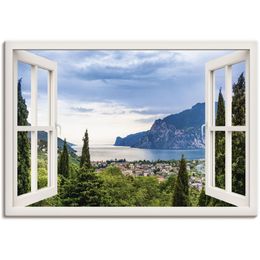 Wandbild Artland "Gardasee durchs weiße Fenster" Bilder Gr. B/H: 130cm x 90cm, Leinwandbild Seebilder Querformat,, grün als Alubild, Outdoorbild, Leinwandbild, Poster, Wandaufkleber