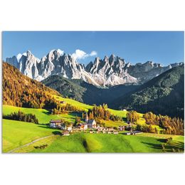 Wandbild Artland "Alpen Berge Santa Maddalena" Bilder Gr. B/H: 90cm x 60cm, Alu-Dibond-Druck Berge & Alpenbilder Querformat,, grün als Alubild, Outdoorbild, Leinwandbild, Poster in verschied. Größen