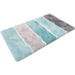 Badematte HOMIE LIVING "Rio Marina" Badematten Gr. rechteckig (80cm x 150cm), Polyester, blau (türkis/grau) flauschiger Badteppich, modern gestreift, waschbar, Badezimmerteppich