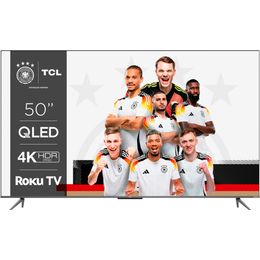 G (A bis G) TCL QLED-Fernseher Fernseher HDR Pro, HDR10+, Dolby Vision, Game Master, HDMI 2.1, ONKYO Sound Gr. 50, silberfarben