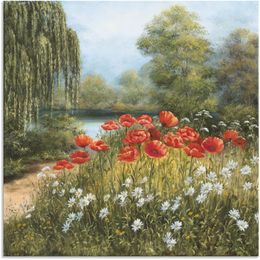 Wandbild Artland "Mohnwiese am See" Bilder Gr. B/H: 100cm x 100cm, Alu-Dibond-Druck Blumenwiese,, grün als Alubild, Outdoorbild, Leinwandbild, Poster in verschied. Größen