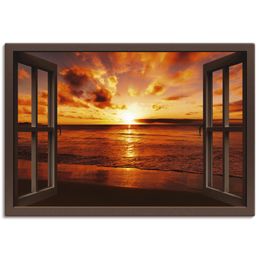 Wandbild Artland "Fensterblick Sonnenuntergang am Strand" Bilder Gr. B/H: 130cm x 90cm, Leinwandbild Fensterblick Querformat,, braun als Leinwandbild, Poster, Wandaufkleber in verschied. Größen