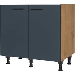 Spülenschrank Nobilia ""Easytouch", vormontiert, mit höhenverstellbaren Sockelfüßen" Schränke Gr. B/H/T: 90cm x 87cm x 58,3cm, 2 St., blau (front: lacklaminat fjordblau ultramatt, korpus: eiche sierra nachbildung) Breite 90 cm