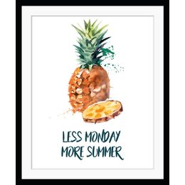 Bild queence "LESS MONDAY MORE SUMMER" Bilder Gr. B/H: 40cm x 50cm, Wandbild Ananas Hochformat, bunt (grün-weiß-braun) Schriftzug, Ananas, gerahmt