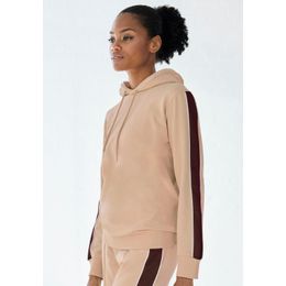 Hoodie s.Oliver, Damen, Gr. 32/34, beige (sand), Sweatware, Obermaterial: 95% Baumwolle, 5% Elasthan, unifarben mit Farbeinsatz, lässig geschnitten normal, Rundhals, Bündchen, Sweatshirts, mit Kontrast Einsätzen, Loungewear