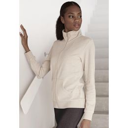 Sweatjacke BENCH. LOUNGEWEAR, Damen, Gr. 40/42, beige (beige meliert), Interlock, Obermaterial: 55% Baumwolle, 45% Polyester, bestickt, meliert, unifarben, Basic hüftlang, Rippbündchen, Sweatjacken, mit glänzender Logostickerei am Stehkragen, Loungewear
