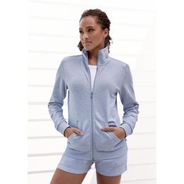 Sweatjacke BENCH. LOUNGEWEAR, Damen, Gr. 32/34, blau (hellblau meliert), Interlock, Obermaterial: 52% Baumwolle, 48% Polyester, bestickt, meliert, unifarben, Basic hüftlang, Rippbündchen, Sweatjacken, mit glänzender Logostickerei am Stehkragen, Loungewear