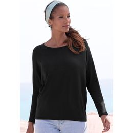 Langarmshirt Lascana "mit Fledermausärmeln", Damen, Gr. 40/42, schwarz, Feinstrick, Obermaterial: 50% Viskose (LENZING™ ECOVERO™), 46% Polyester, 4% Elasthan, unifarben, lässig geschnitten normal, Rundhals, Fledermausärmel normaler Saum, Shirts Langarmshirt, aus weichem Viskose-Feinstrick
