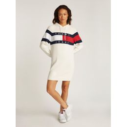 Strickkleid Tommy Jeans "TJW FLAG HOOD SWEATER DRESS EXT" Gr. L (40), N-Gr, weiß (ancient weiß) Damen Kleider mit Logo-Flag