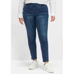 Schlupfjeans sheego "Große Größen" Gr. 40, Normalgrößen, blau (blau denim) Damen Jeans mit modischen Zier- und Teilungsnähten