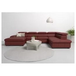 Wohnlandschaft Home Affaire "Alberto U-Form" Sofas Gr. B/H/T: 350cm x 73cm x 228cm, NaturLEDER, Recamiere links, ohne Bettfunktion, rot (merlot) mit Kopfteilverstellung, wahlweise Bettfunktion