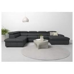 Wohnlandschaft Home Affaire "Alberto U-Form" Sofas Gr. B/H/T: 350cm x 73cm x 228cm, NaturLEDER-Stoff, Recamiere rechts, mit Bettfunktion, schwarz mit Kopfteilverstellung, wahlweise Bettfunktion