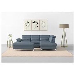 Sit & More Ecksofa SIT & MORE "Cabrio L-Form, mit Sitztiefenverstellung, Arm- und Kopfteilverstellung" Sofas Gr. B/H/T: 274cm x 87cm x 230cm, NaturLEDER, Ottomane rechts, mit Bettfunktion-mit Bettkasten, blau (graublau) 3 Nierenkissen, Federkern, optional Bettfunktion und Stauraum