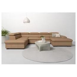 Wohnlandschaft Home Affaire "Alberto U-Form" Sofas Gr. B/H/T: 350cm x 73cm x 228cm, NaturLEDER, Recamiere rechts, mit Bettfunktion, braun (cappucino) mit Kopfteilverstellung, wahlweise Bettfunktion