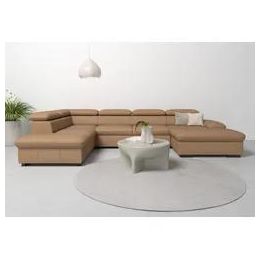 Wohnlandschaft Home Affaire "Alberto U-Form" Sofas Gr. B/H/T: 350cm x 73cm x 228cm, NaturLEDER, Recamiere rechts, ohne Bettfunktion, braun (cappucino) mit Kopfteilverstellung, wahlweise Bettfunktion