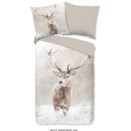 Wendebettwäsche Good Morning "Snowydeer" Bettwäsche Gr. B/L: 200cm x 200cm, 2 St., Flanell-Biber, B/L: 80cm x 80cm & 80cm x 80cm, beige (sand) Flanell, Biber, Baumwolle, Winter, Warm, Wendeoptik, Reh, Hirsch, Sand