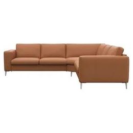 Ecksofa FLEXLUX "Fiore, gleichschenklig, super Sitzkomfort durch Kaltschaum im Sitz" Sofas Gr. B/H/T: 257cm x 85cm x 92cm, Echtleder, Schenkel links, braun (modern cogna) breite Armlehnen, Füße Alu