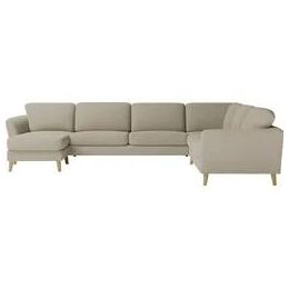 Wohnlandschaft Home Affaire "MARSEILLE XXL 349cm, U-Form, Ottomane rechts/links wählbar" Sofas Gr. B/H/T: 349cm x 88cm x 242cm, Webstoff fein, Ottomane links, grau (warm grey) Massivholzbeine aus Eiche, In verschieden Bezügen und Farbvarianten