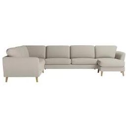 Wohnlandschaft Home Affaire "MARSEILLE XXL 349cm, U-Form, Ottomane rechts/links wählbar" Sofas Gr. B/H/T: 349cm x 88cm x 242cm, Flachgewebe, Ottomane rechts, grau (light grey) Massivholzbeine aus Eiche, In verschieden Bezügen und Farbvarianten