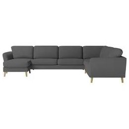 Wohnlandschaft Home Affaire "MARSEILLE XXL 349cm, U-Form, Ottomane rechts/links wählbar" Sofas Gr. B/H/T: 349cm x 88cm x 242cm, Flachgewebe, Ottomane links, grau (dark grey) Massivholzbeine aus Eiche, In verschieden Bezügen und Farbvarianten