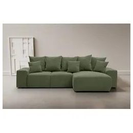 Ecksofa Inosign "Riwa" Sofas Gr. B/H/T: 300cm x 76cm x 150cm, Struktur fein, Ottomane rechts, Ottomane rechts, grün (mayfly) Trendiges Ecksofa mit vielen Kissen, Schlaffunktion & Bettkasten