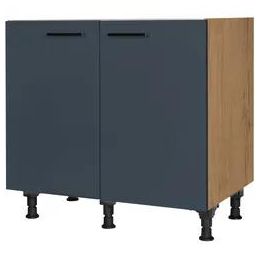 Spülenschrank Nobilia ""Easytouch", vormontiert, mit höhenverstellbaren Sockelfüßen", blau (front: lacklaminat fjordblau ultramatt, korpus: eiche sierra nachbildung), B:90cm H:87cm T:58,3cm, Schränke, Breite 90 cm