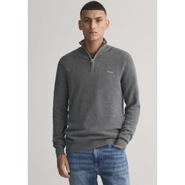 Troyer Gant "COTTON PIQUE HALF ZIP" Gr. L, grau (dunkelgrau melange), Herren, Strick, Obermaterial: 100% Baumwolle, meliert, Pullover, mit Piqué-Struktur