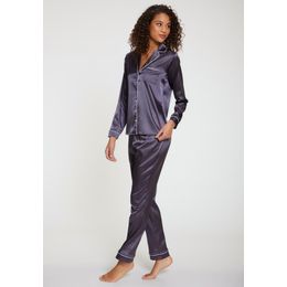 Pyjama s.Oliver, Damen, Gr. 44, blau (dunkelblau), Satin, Obermaterial: 95% Polyester, 5% Elasthan, unifarben, klassisch, bequem lang, V-Ausschnitt, Homewear-Sets, mit Schlafmaske