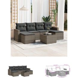 7-tlg. Garten-Sofagarnitur mit Kissen Grau Poly Rattan - Gartenmöbel-Sets - Grau - The Living Store