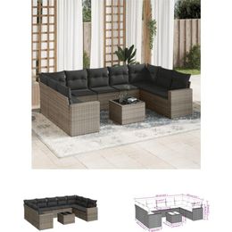 10-tlg. Garten-Sofagarnitur mit Kissen Grau Poly Rattan - Gartenmöbel-Sets - Grau - The Living Store