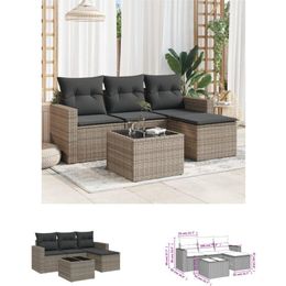 5-tlg. Garten-Sofagarnitur mit Kissen Grau Poly Rattan - Gartenmöbel-Sets - Grau - The Living Store