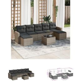 8-tlg. Garten-Sofagarnitur mit Kissen Grau Poly Rattan - Gartenmöbel-Sets - Grau - The Living Store