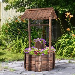 Holzbrunnen mit Dach, Tannenholz Wunschbrunnen Blumenkübel Blumentopf Garten Dekoration für Draußen Veranda 56x56x114cm - Costway