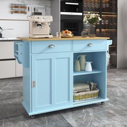 Sideboard/Sideboard, 112x40(70)x94 cm, blau, klappbare Arbeitsplatte in Massivholzoptik, mit Stauraumtür, Rollen & austauschbaren Massivholzbeinen,