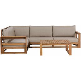 Beliani - Lounge Set Hellbraun Akazienholz Auflagen Taupe Stoff 4-Sitzer Ecksofa mit Couchtisch Terrasse Outdoor Retro Landhaus Stil