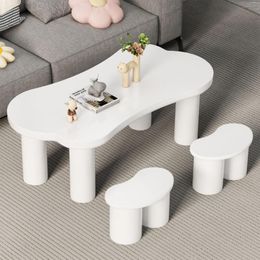 Okwish - Unregelmäßiger Couchtisch in Knochenform mit 2 kleinen Bänken, großer Couchtisch l 113 cm, b 58 cm, h 40,5 cm, MDF-Platte und PVC-Beine mit