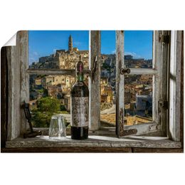 Wandbild Artland "Blick aus dem Fenster Matera, Italien" Bilder Gr. B/H: 120cm x 80cm, Poster Fenster & Türen Querformat,, grau als Alubild, Outdoorbild, Leinwandbild, Poster, Wandaufkleber